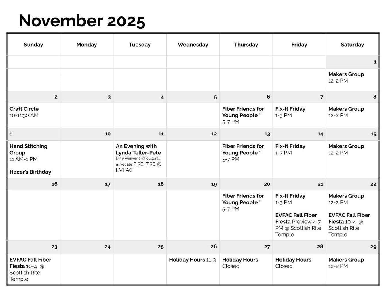November 2025 Community Calendar– Hacer Santa Fe